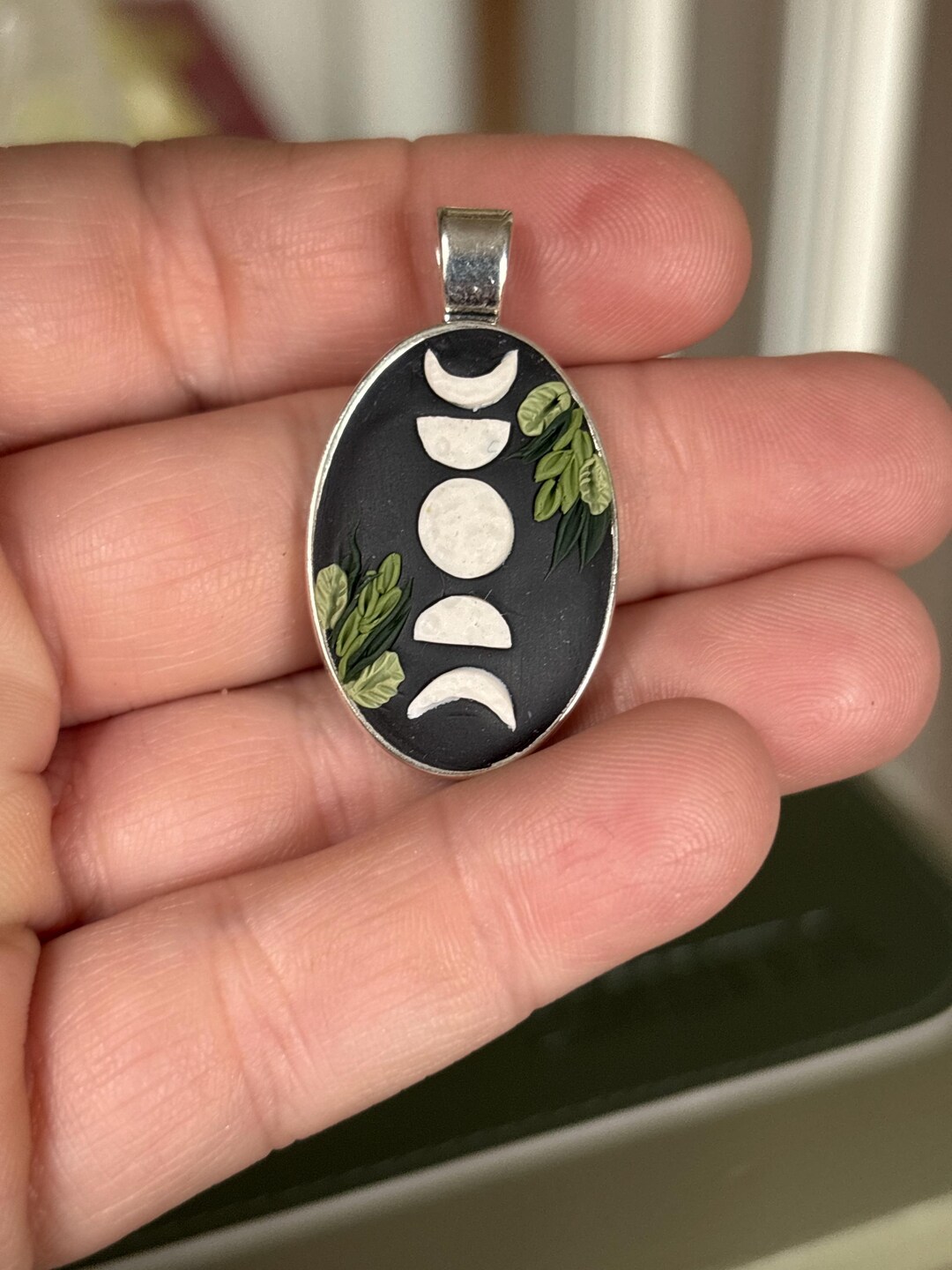 Necklace Pendant With Chain- Lunar Cycle With Foliage. - Etsy