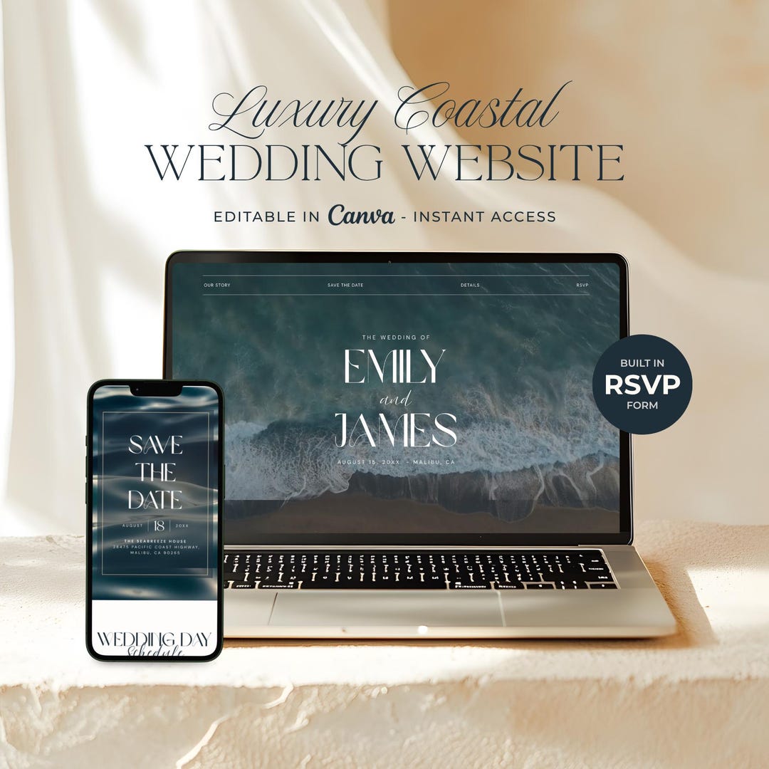 Luxury Coastal Wedding Website Template, Canva Editable RSVP Website ...