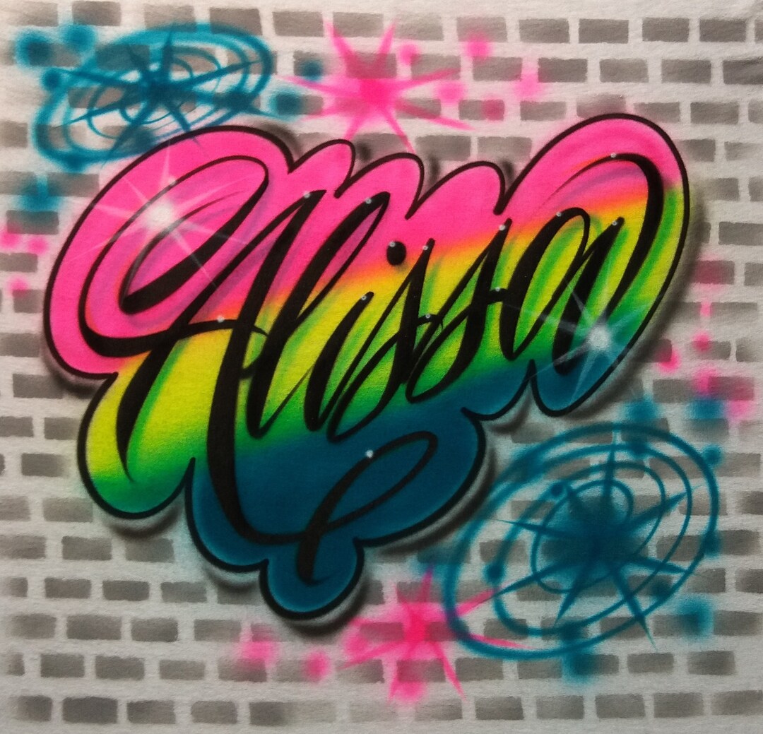 Airbrush T Shirt With Script Name Bricks Background, Cursive Font, 80s ...