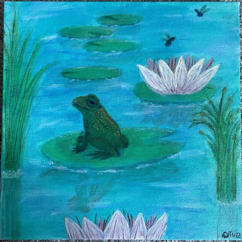 Pond Frog - Whimsical Frog & Lily Pad Acrylic Painting on Canvas - Etsy