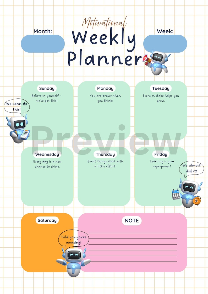 Kids Motivational Weekly Planner - Etsy