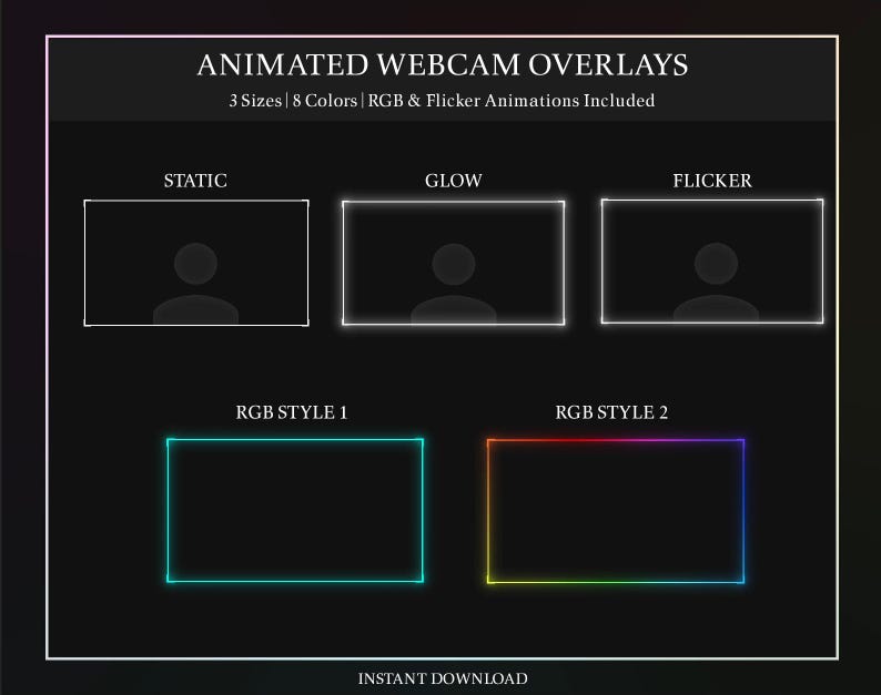 Animated Webcam Overlays Pack | Twitch Stream Overlay | OBS Facecam Border | Glow, Flicker & RGB ...