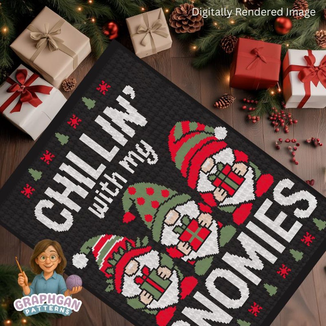 Christmas Blanket Crochet Graphgan Pattern Funny Holiday Gnome Afghan ...
