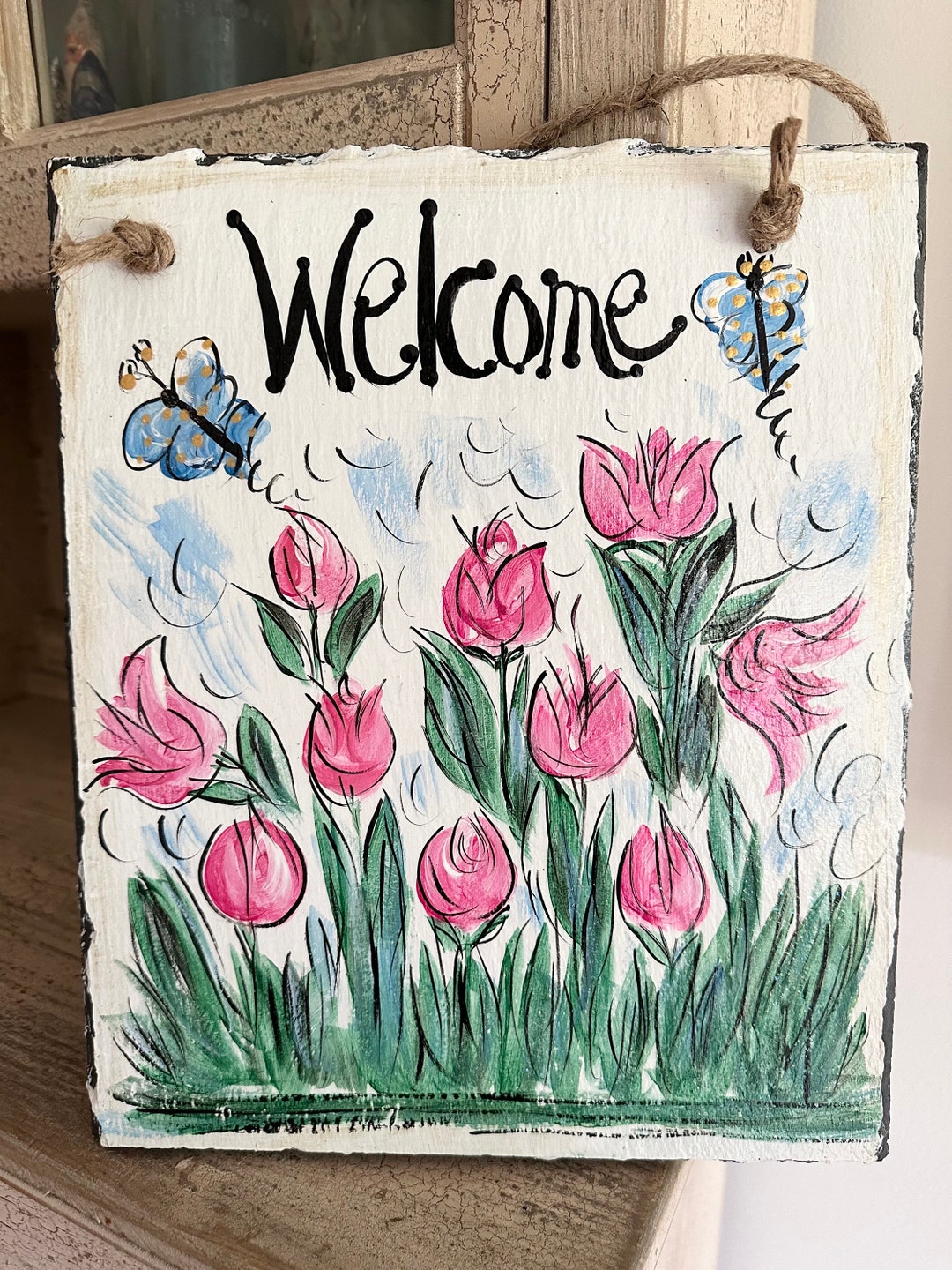 Welcome Tulip Slate Sign Summer Decor Hand Painted Slate Sign Garden ...