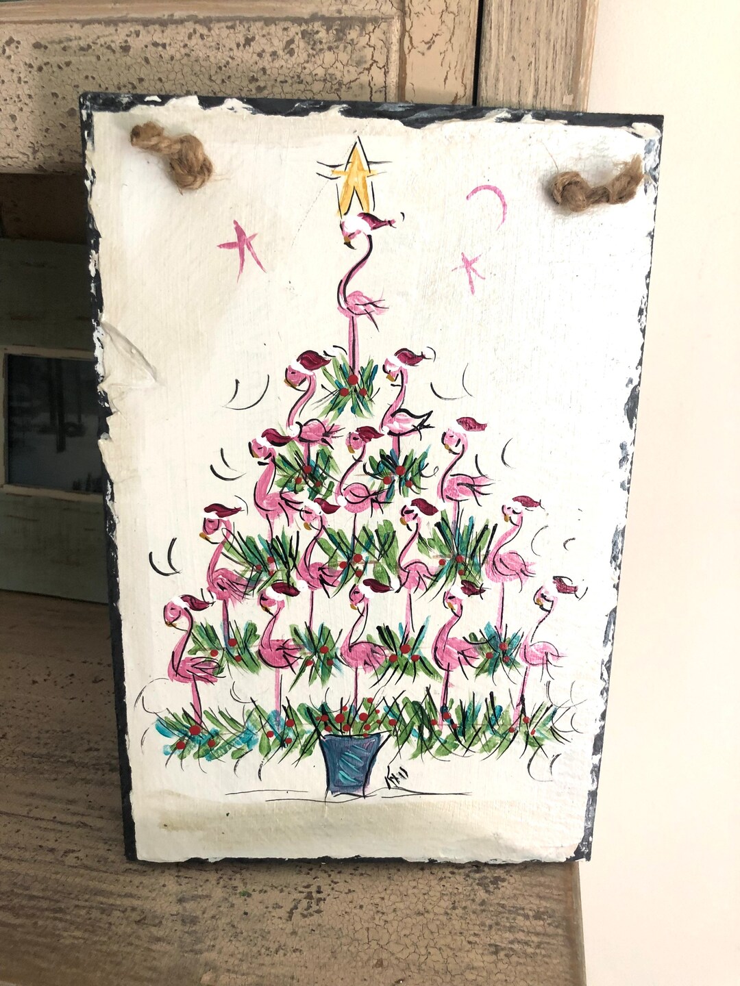 Christmas Slate. Christmas Sign. Flamingo Art. Hand Painted Slate ...