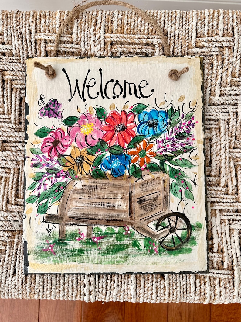 Welcome Sign Slate Floral Wheelbarrow Garden Door Decor Summer ...