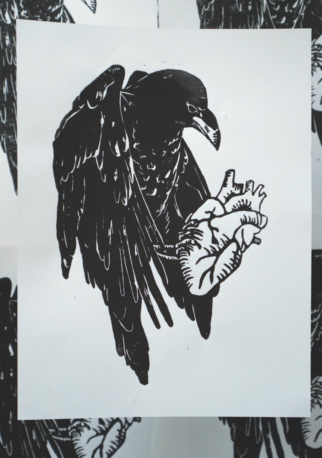 Raven Holding Heart Linocut Print - Etsy