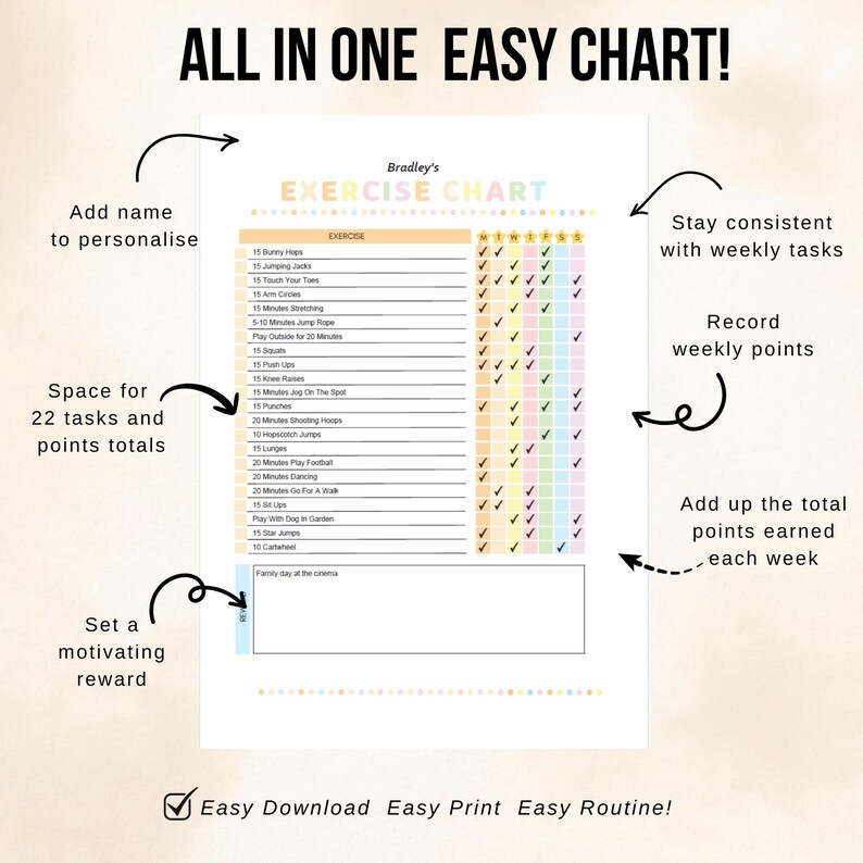 Kids Daily and Weekly Exercise Chart, Exercise Chart for Kids, Kids ...