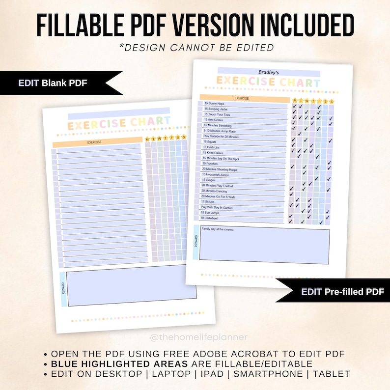 Kids Daily and Weekly Exercise Chart, Exercise Chart for Kids, Kids ...