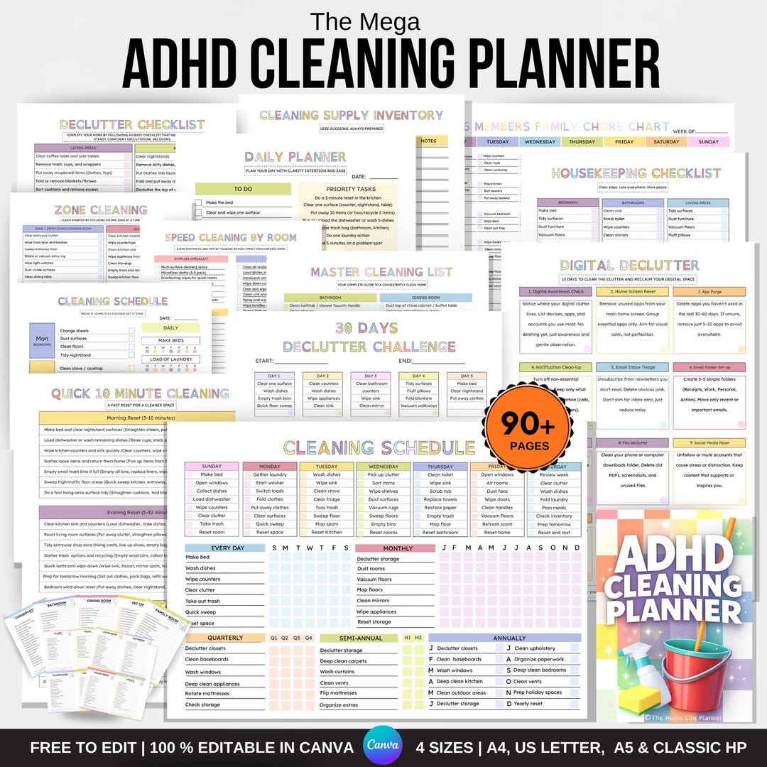 ADHD Cleaning Planner Bundle, PDF Editable Canva, Adhd Cleaning ...