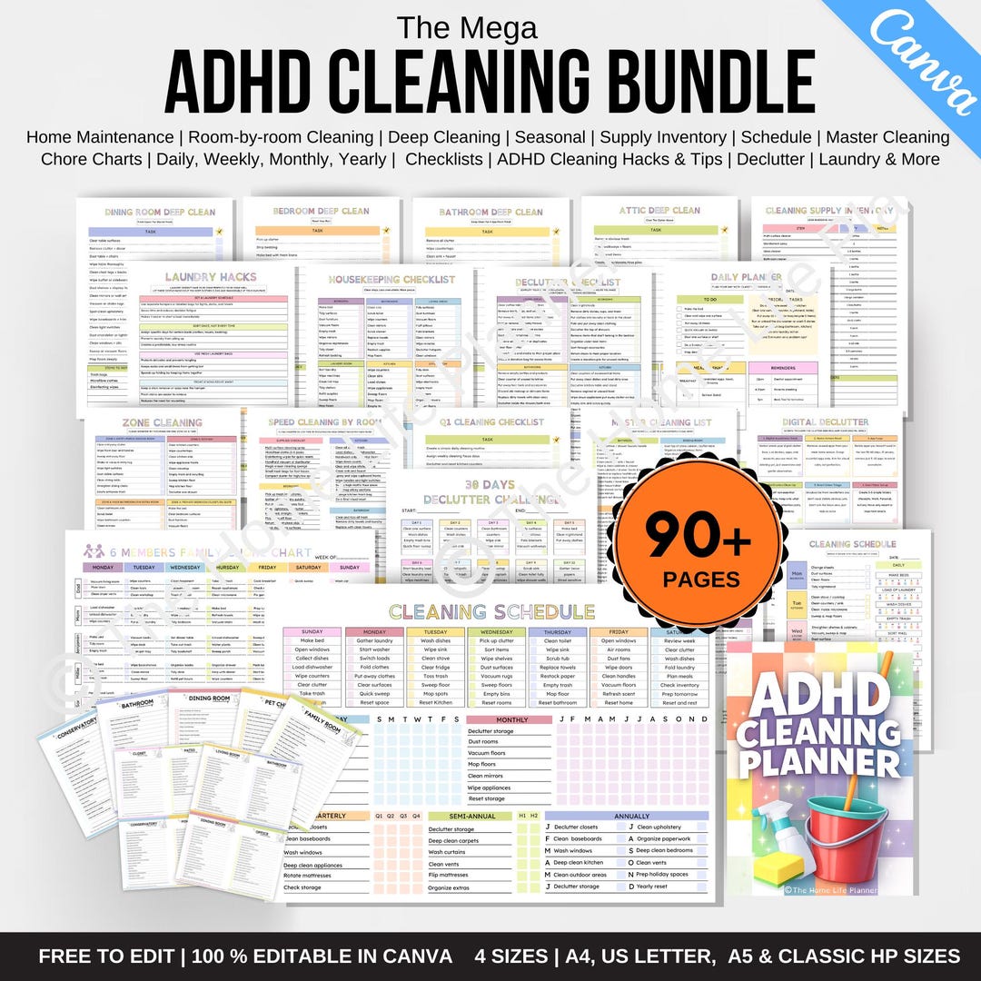 ADHD Cleaning Planner Bundle, Adhd Cleaning Checklist, Editable Adhd ...