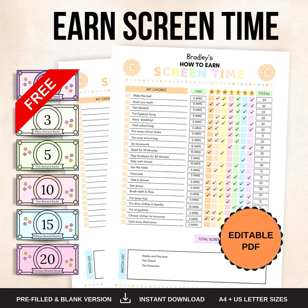 Earn Screen Time Chart for Kids, Printable Behavior & Reward Chart ...