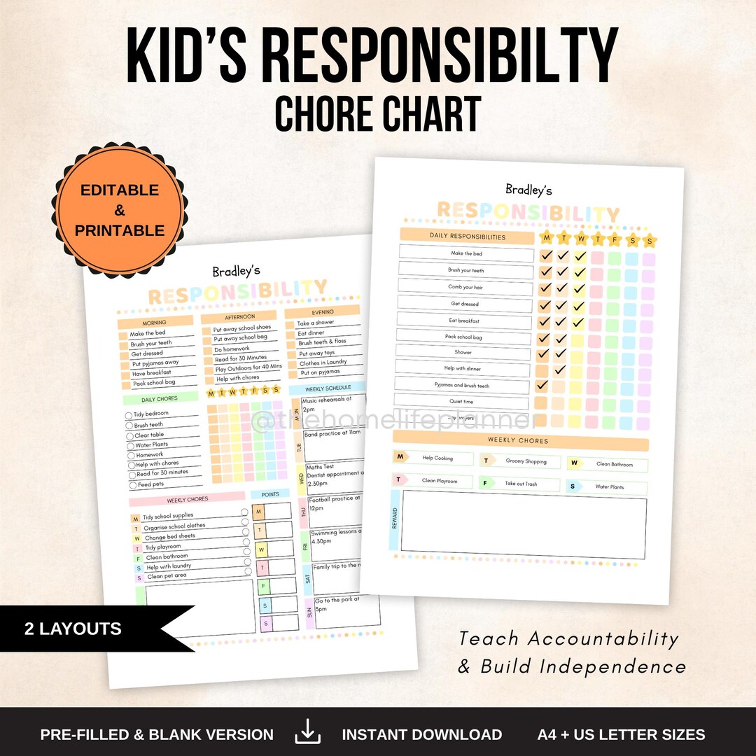 Editable Responsibility Chore Chart for Kids, Kids Daily Weekly ...