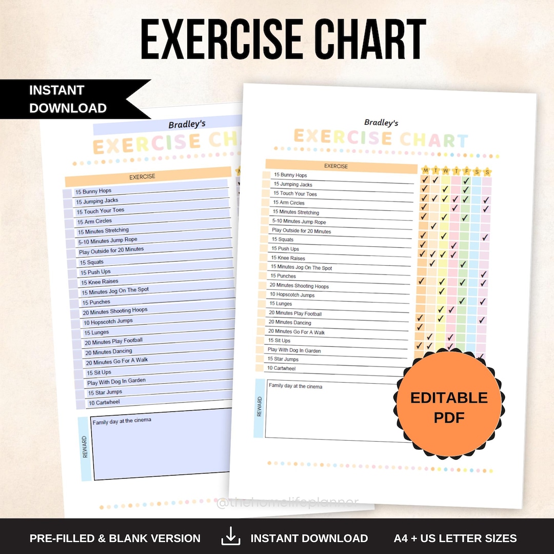 Kids Daily and Weekly Exercise Chart, Exercise Chart for Kids, Kids ...