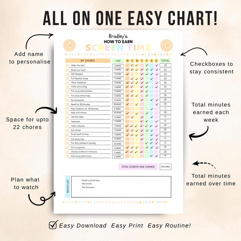Earn Screen Time Chart for Kids, Printable Behavior & Reward Chart ...