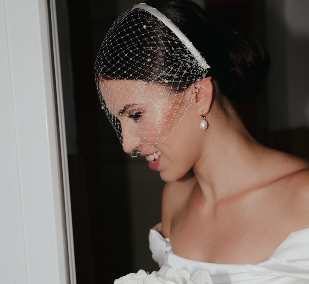Bridal Headband Veil With Pearls Birdcage Veil Short Pearl Wedding Veil ...