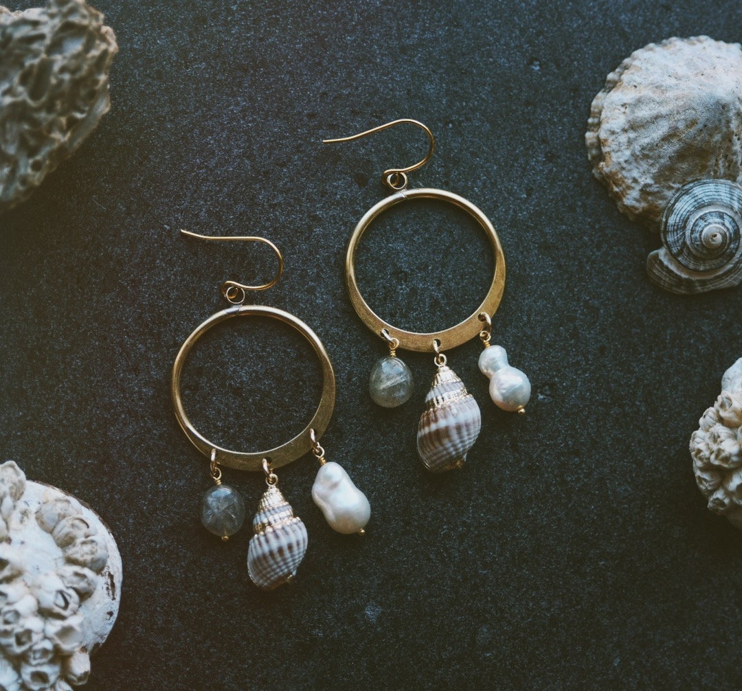 Sea Nymph. a Pair of Boho Seashell, Freshwater Pearl and Labradorite ...
