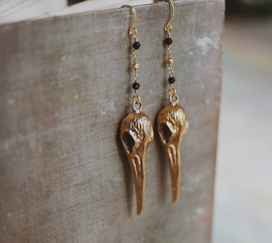 Lenore. a Pair of Bird Skull, Onyx and Pyrite Earrings - Etsy