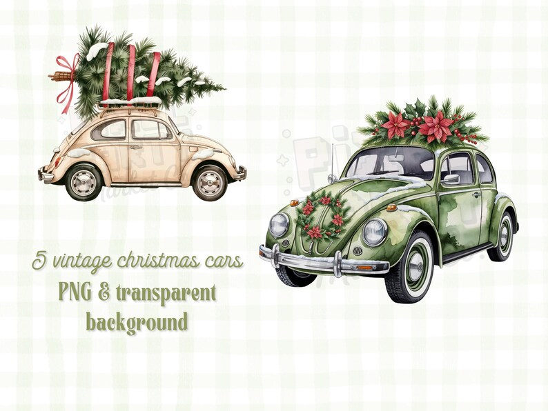 Vintage Christmas Cars Clipart | Retro Holiday Car Illustrations ...