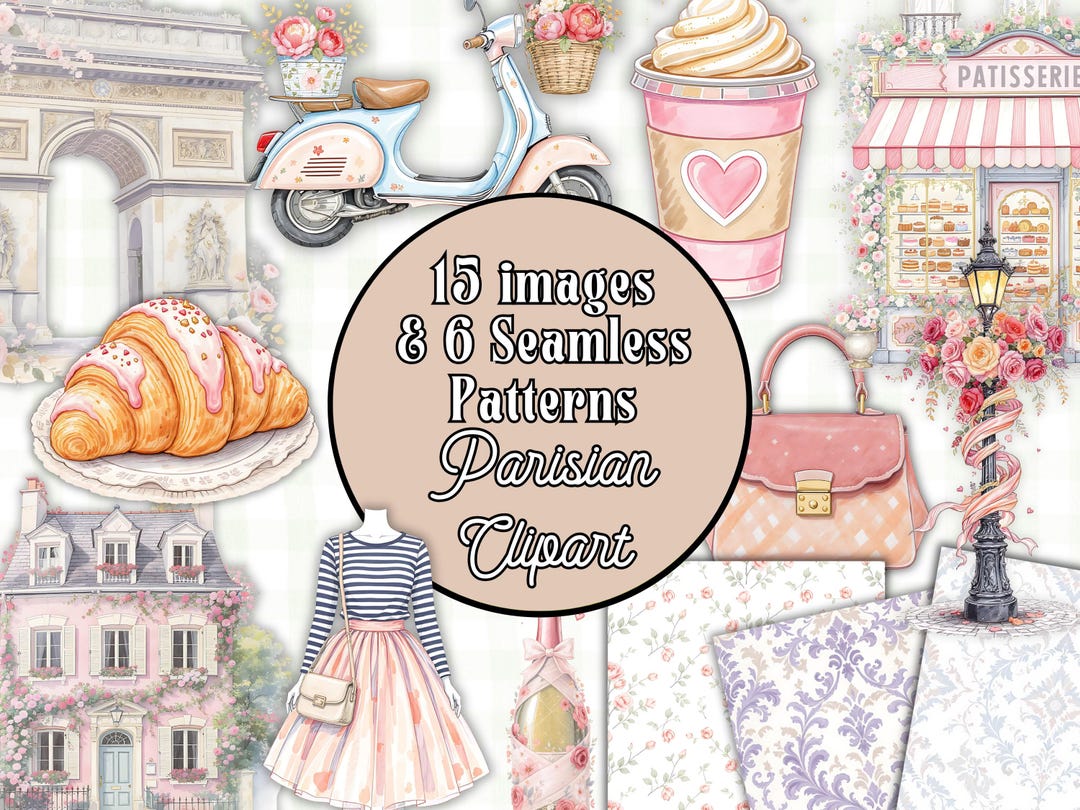 Paris Clipart and Seamless Patterns, Watercolor French PNG, Chic ...