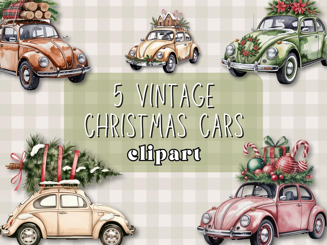 Vintage Christmas Cars Clipart | Retro Holiday Car Illustrations ...
