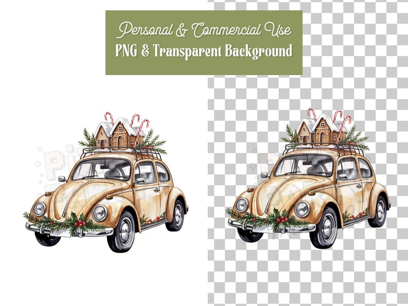 Vintage Christmas Cars Clipart | Retro Holiday Car Illustrations ...