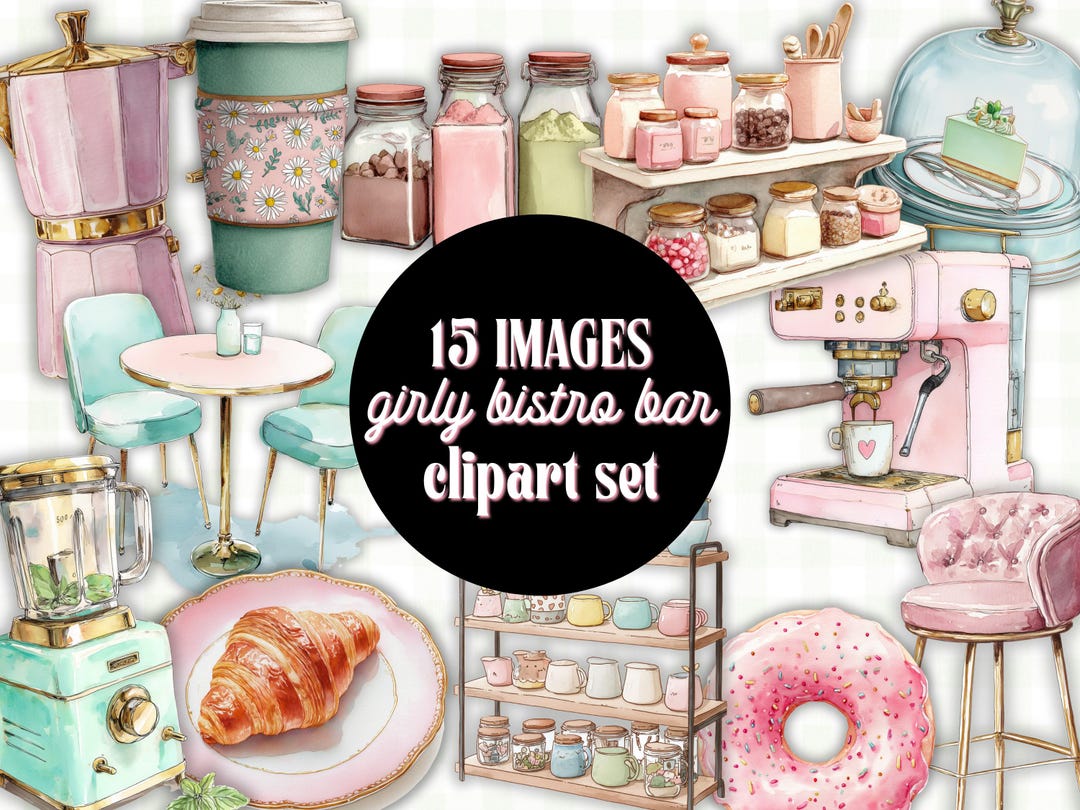 Girly Bistro Bar Clipart Set, Pink Cafe Kitchen Clipart, Coffee Shop ...