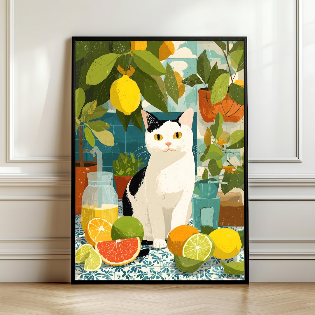 Citrus Cat Wall Art – Colorful Cat Print, Mediterranean Lemon Decor ...