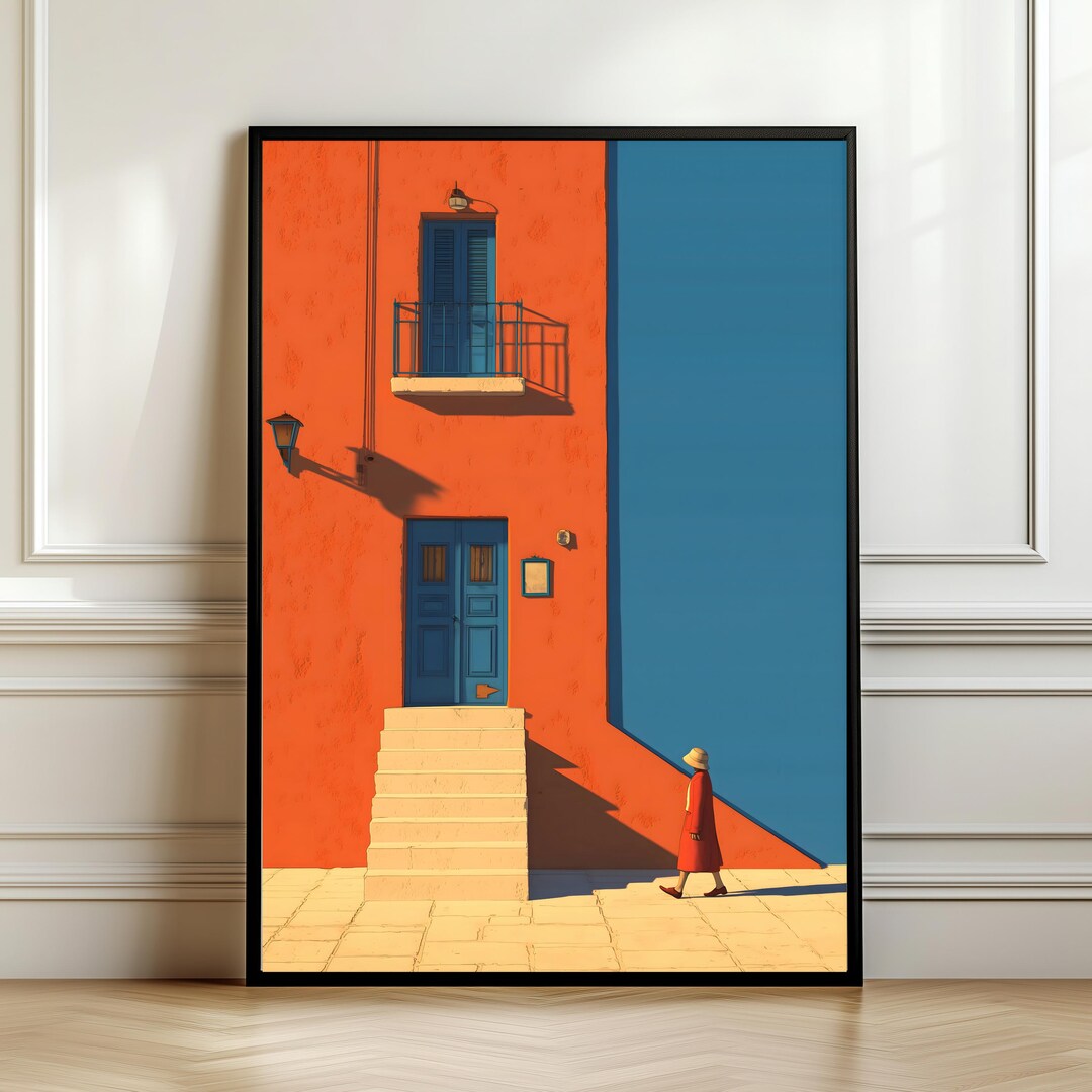 Minimalist Architectural Wall Art, Terracotta Building With Blue Door ...