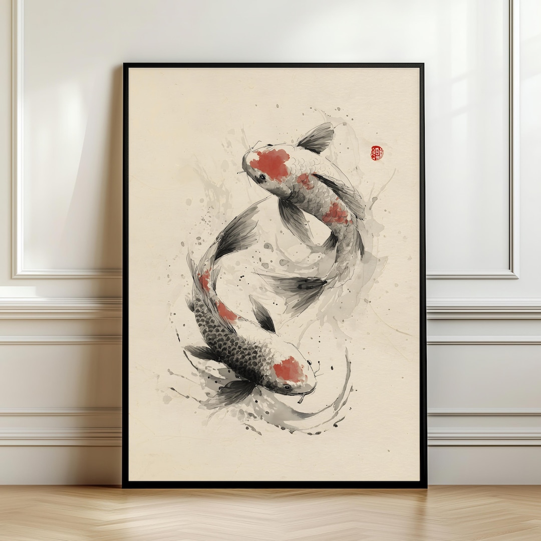 Japanese Sumi-e Koi Fish Art – Traditional Ink Painting, Yin Yang Koi ...