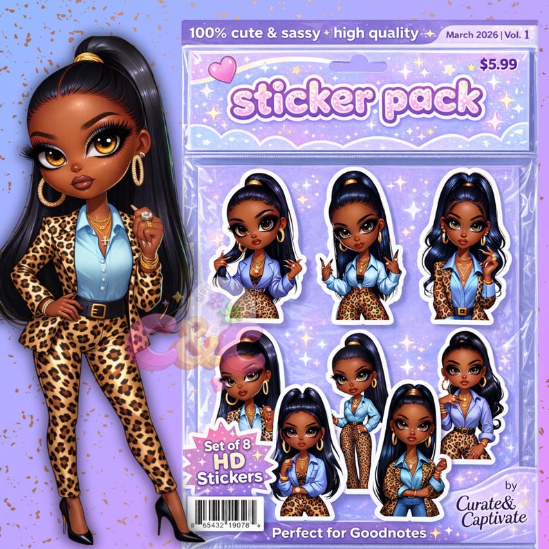 Chibi Black Girl Digital Stickers | Glam Planner Clipart (set of 8) - Etsy
