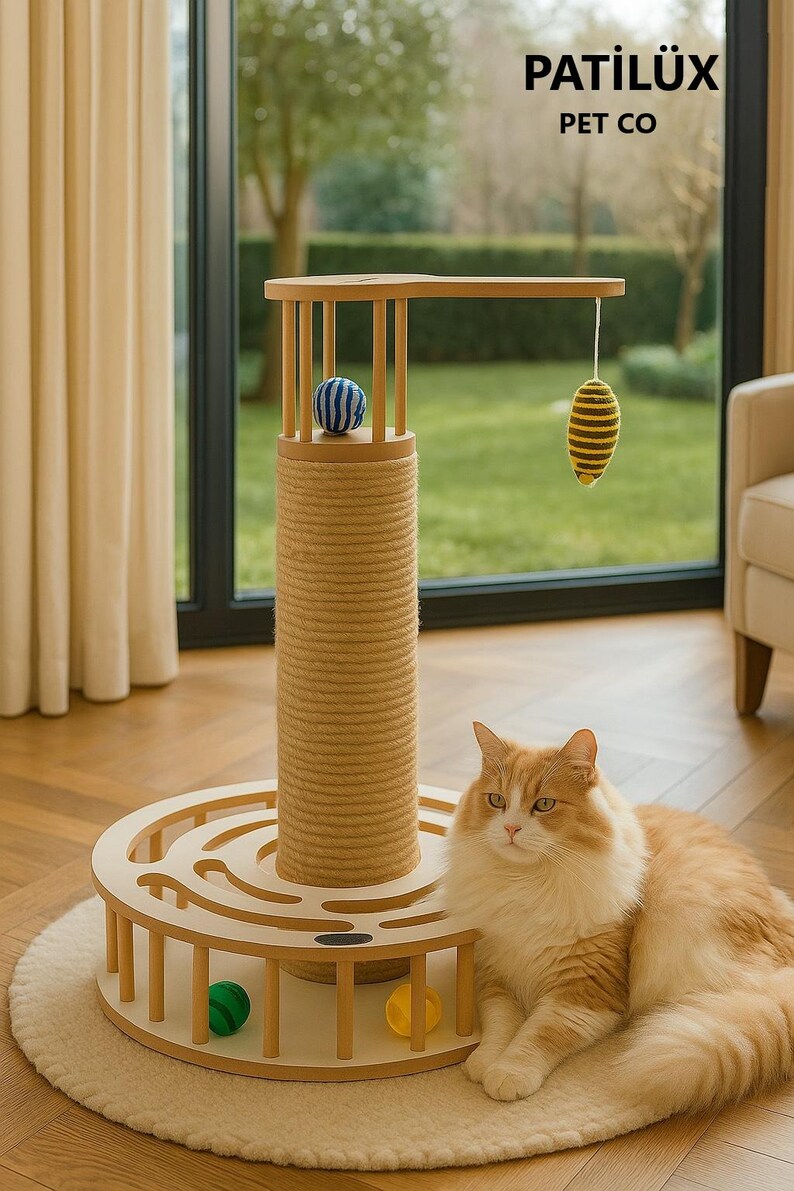 Natural Wood Cat Scratching Post: Interactive Toy & Activity Center - Etsy