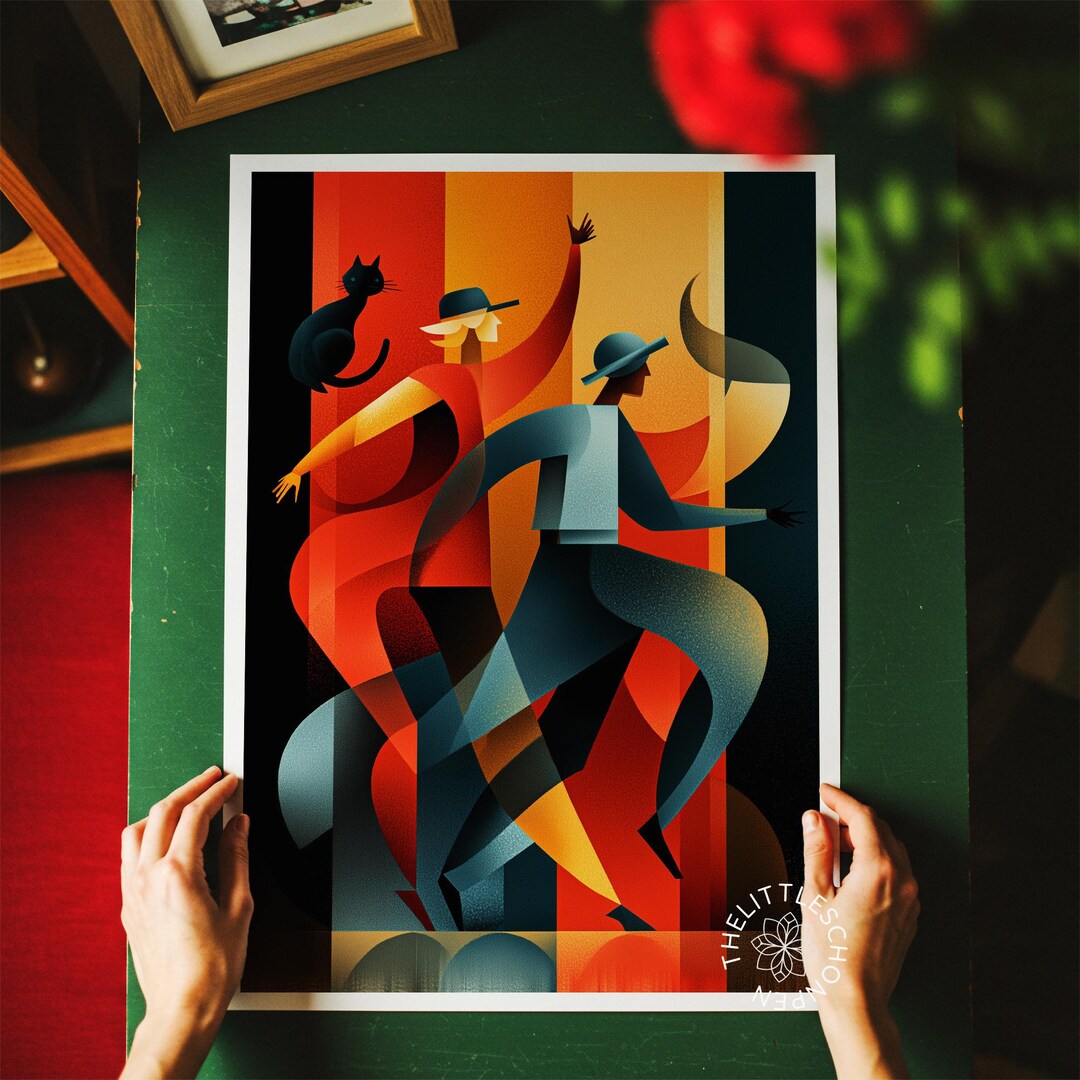 Black Cat Dancers Art Print, Retro Mid-century Modern (digital Download ...