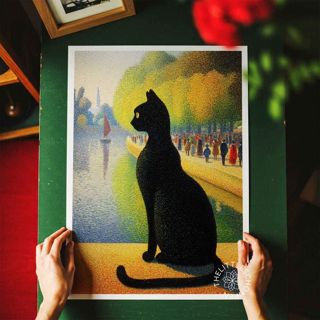 Black Cat Pointillist Art Print, Seurat-inspired Park Scene (digital ...