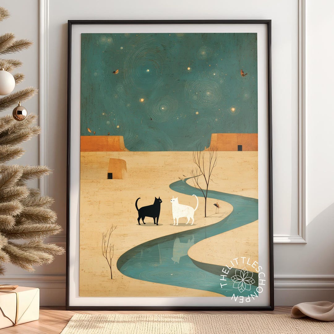 Black and White Cats Art Print: Surreal Landscape, Starry Night ...