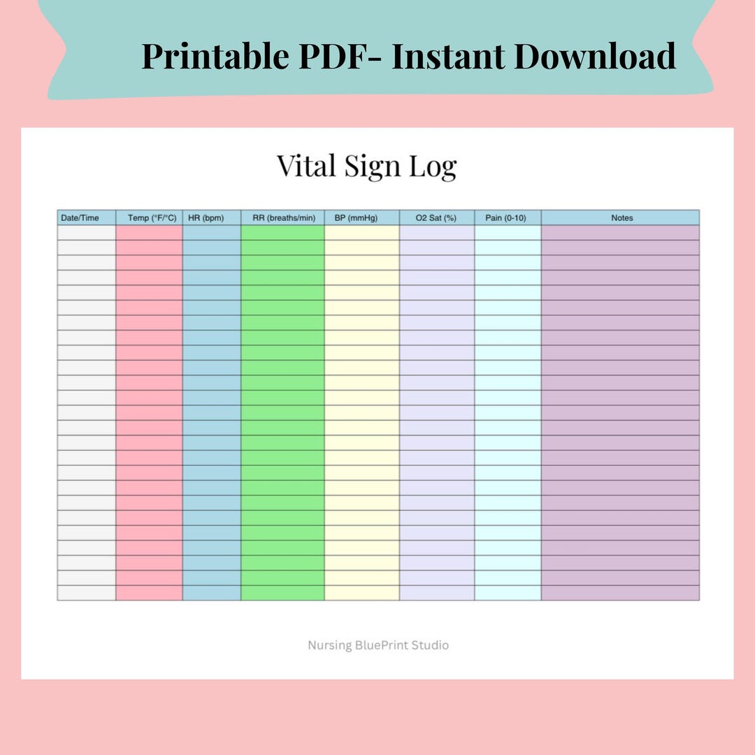 Vital Sign Log Sheet, Nurse Printable, Patient Care Tracker, Vital Sign ...