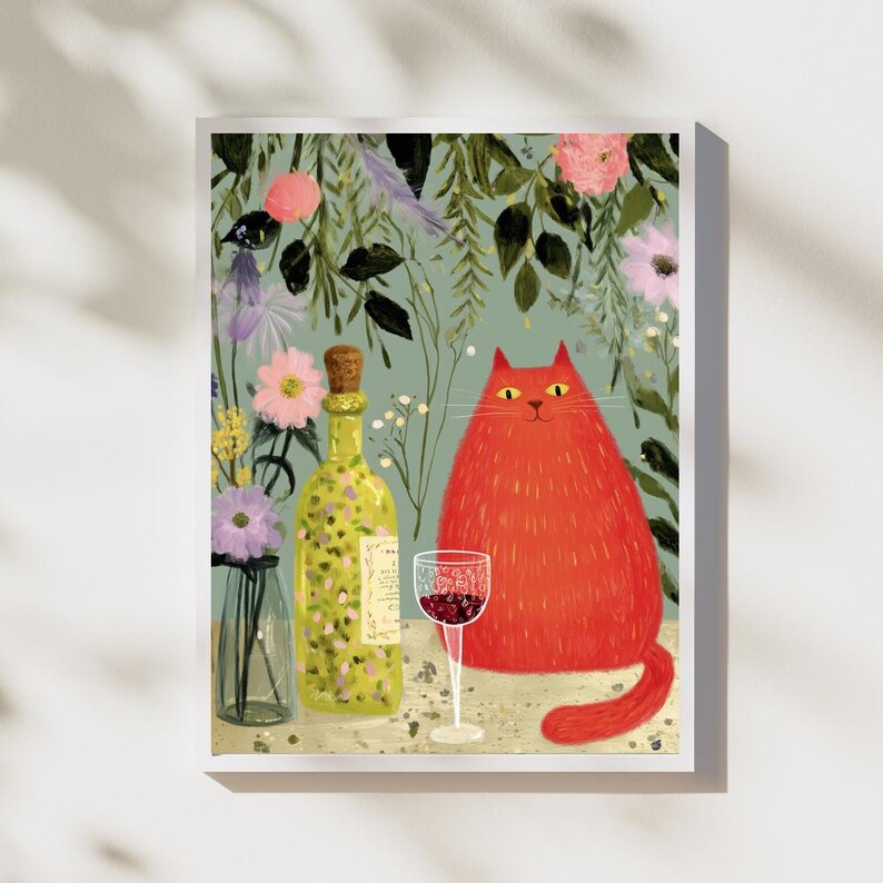 Red Cat Wine Poster, Funny Cat Wall Art, Cozy Kitchen Decor, Wine Lover ...