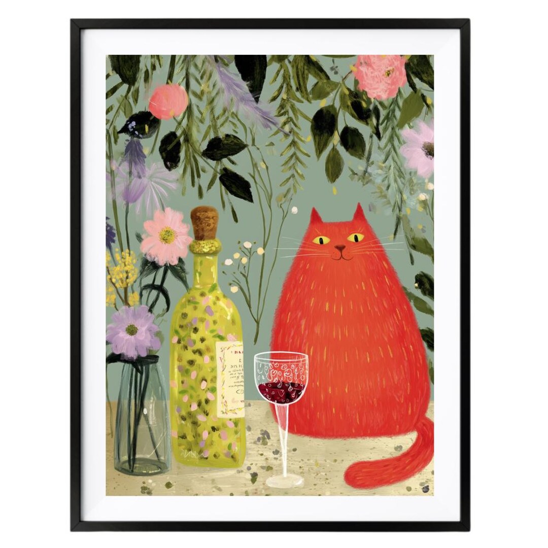 Red Cat Wine Poster, Funny Cat Wall Art, Cozy Kitchen Decor, Wine Lover ...