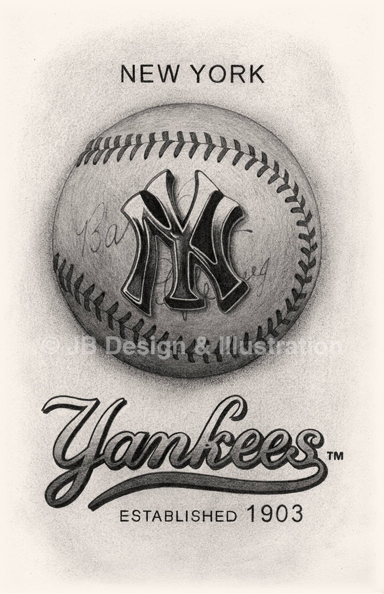 New York Yankees 7.1 X 11 Pencil Drawing | Etsy