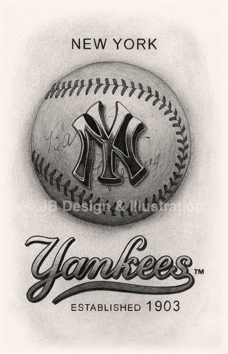 New York Yankees 7.1 X 11 Pencil Drawing | Etsy