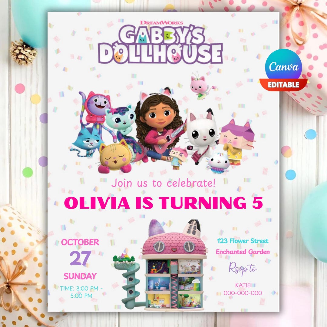 Gabbys Dollhouse Birthday Invitation | Editable Gabby's Kids Birthday ...