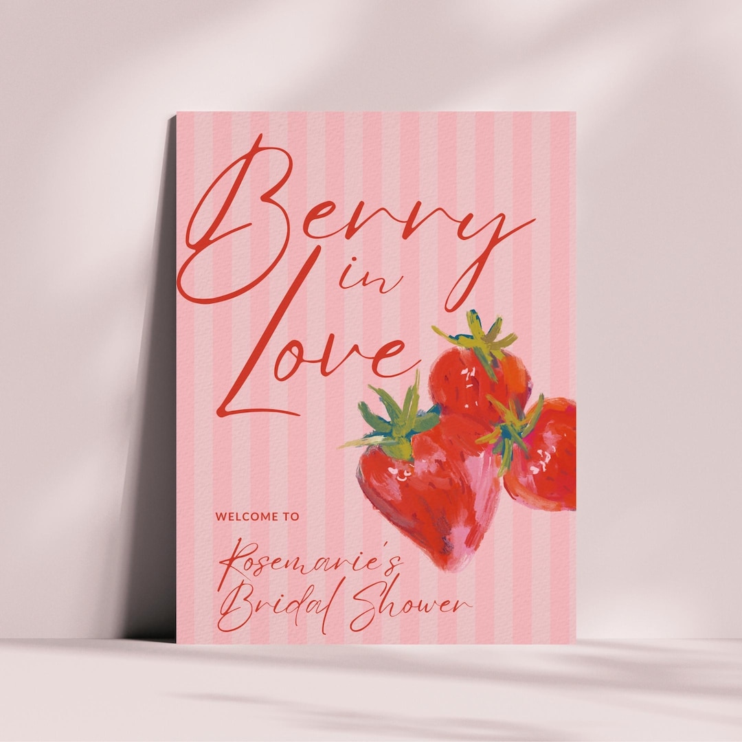 Berry in Love Personalized Bridal Shower Welcome Sign, Pink Strawberry ...