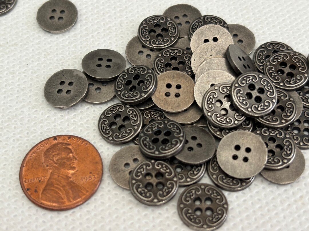 Small Pewter Look Metal Buttons 4 Hole With Scroll Work Lot of 6 ...