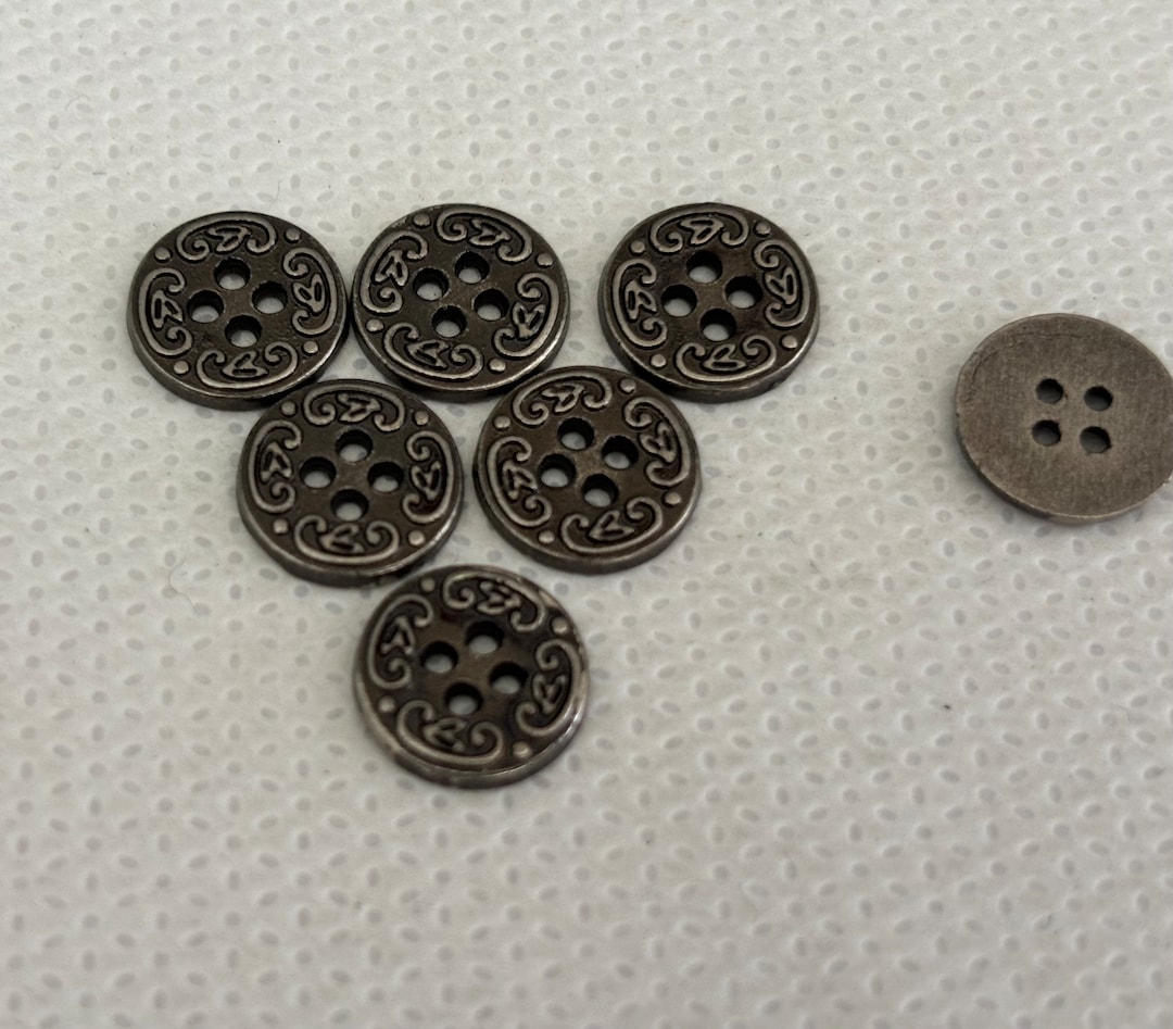Small Pewter Look Metal Buttons 4 Hole With Scroll Work Lot of 6 ...