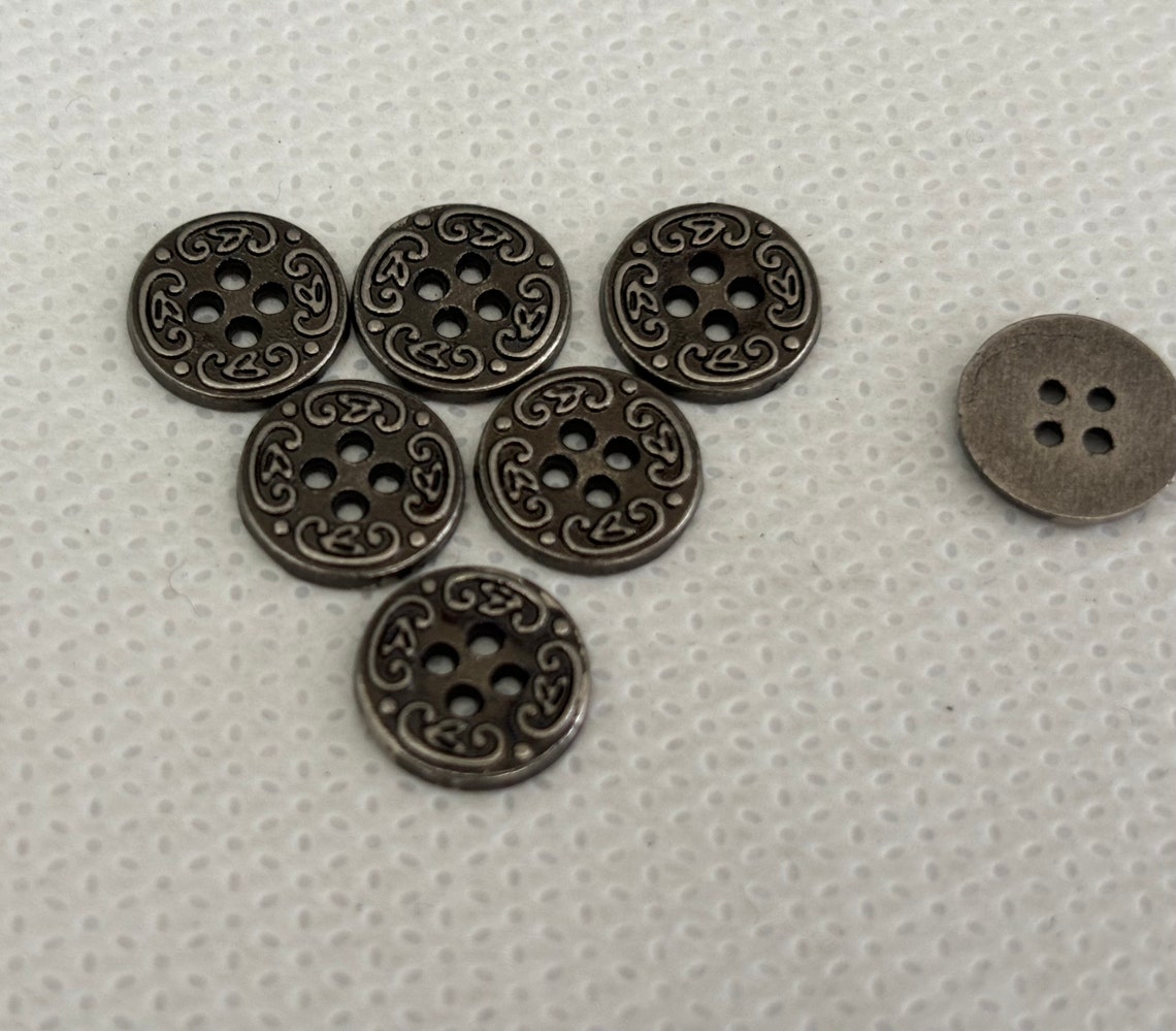 Small Pewter Look Metal Buttons 4 Hole With Scroll Work Lot of 6 ...