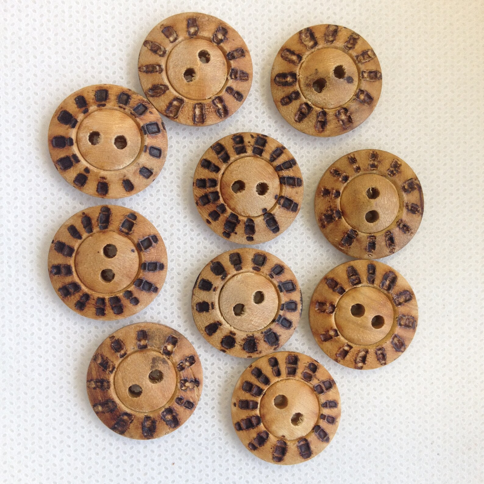 Wood Buttons. Branded Wood Buttons. 5 Sizes Available. Lot is 6 Buttons ...