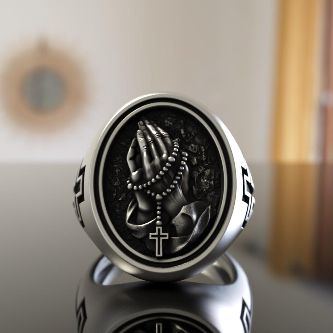 Praying Hands Ring 925 Sterling Silver Religious Signet Cross Rosary ...