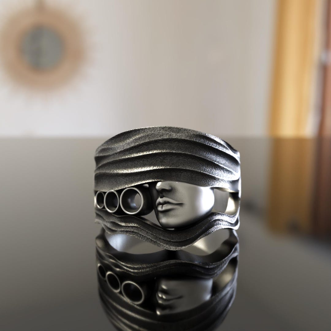 Face Ring, 925 Sterling Silver Cyber Mask Band, Abstract Futuristic ...