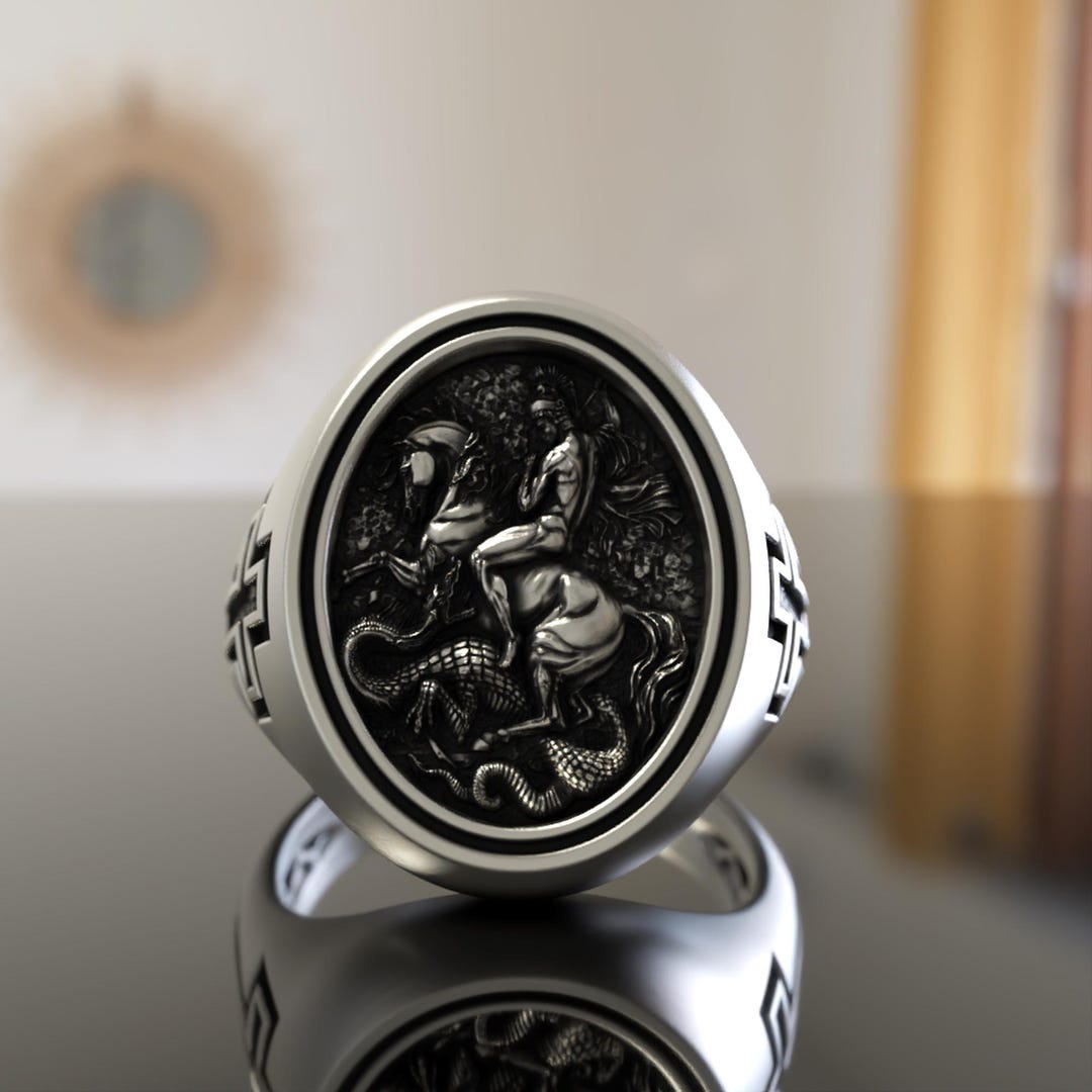 Saint George Ring 925 Sterling Silver Dragon Slayer Jewelry, Mythical ...
