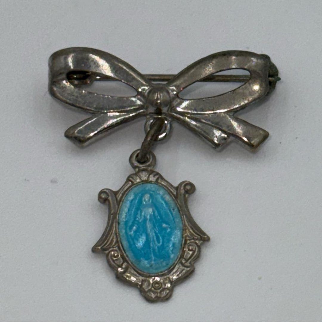 Vintage Silver-tone and Turquoise Blue Bow Marion Cross Catholic ...